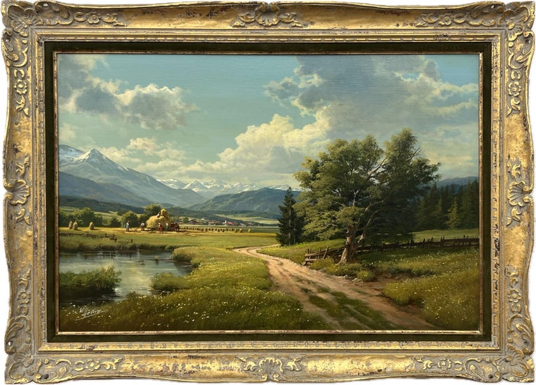 Alpine Haymaking 20th Century Realist Oil Painting by German Landscape ...