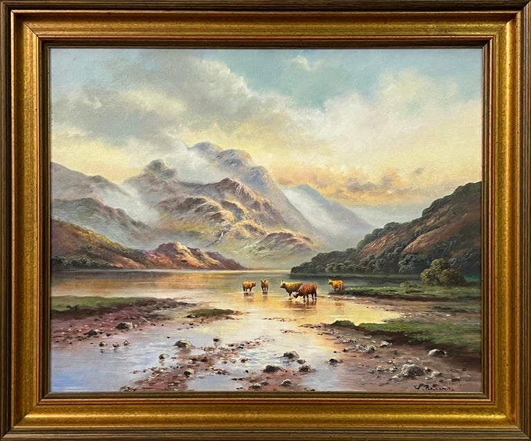 Oil Painting of Highland Cows in Scotland Loch by 20th Century British ...
